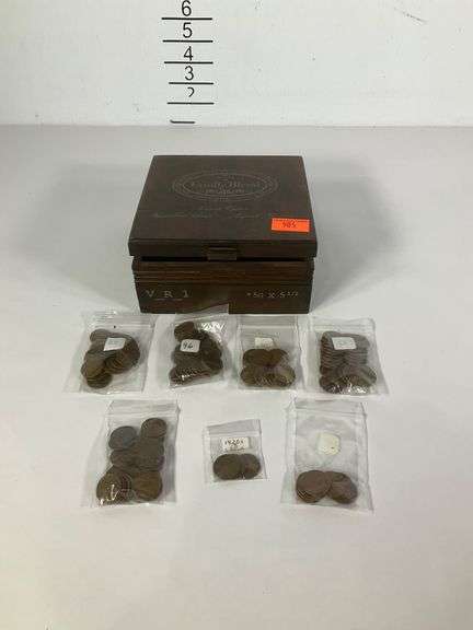 Collection of U.S. Wheat Pennies in Labeled Bags with Wooden Storage ...