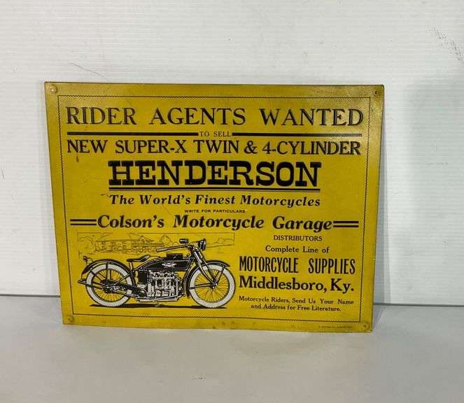 Yellow Metal Advertising Sign for Henderson Motorcycles, 15.5×12.5 ...