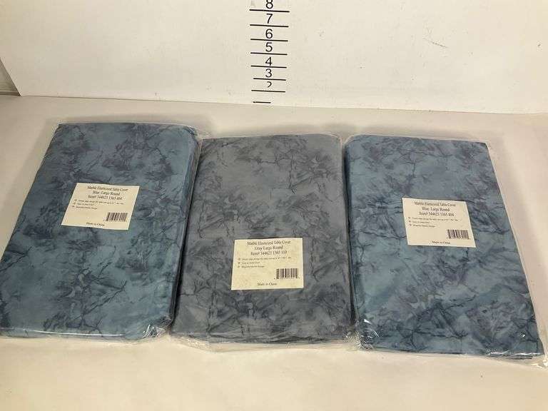 Set of Three Marble Elasticized Blue Vinyl Table Covers - Hash Auctions