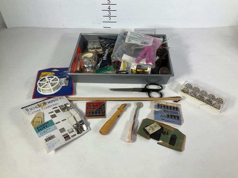 Assortment of Sewing and Craft Supplies in Metal Tray - Hash Auctions