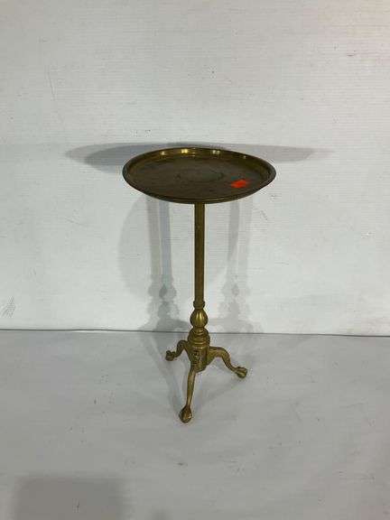 Brass Pedestal Table with Tripod Base and Ornamental Details, 20in tall ...
