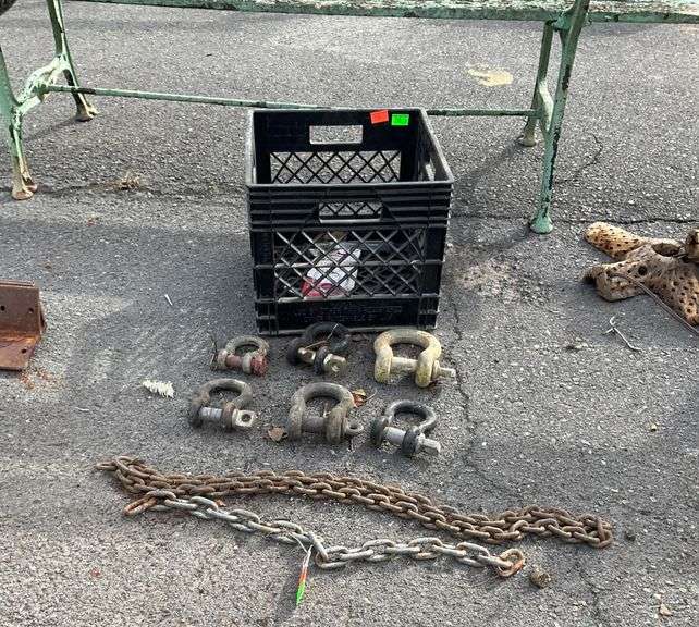 Lot of Clevises with Pins, Small Chains, and Plastic Crate - Hash Auctions