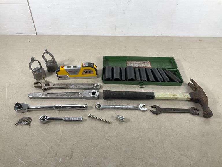 Assortment of Hand Tools Including Sockets, Wrenches, and Laser Level - Hash Auctions