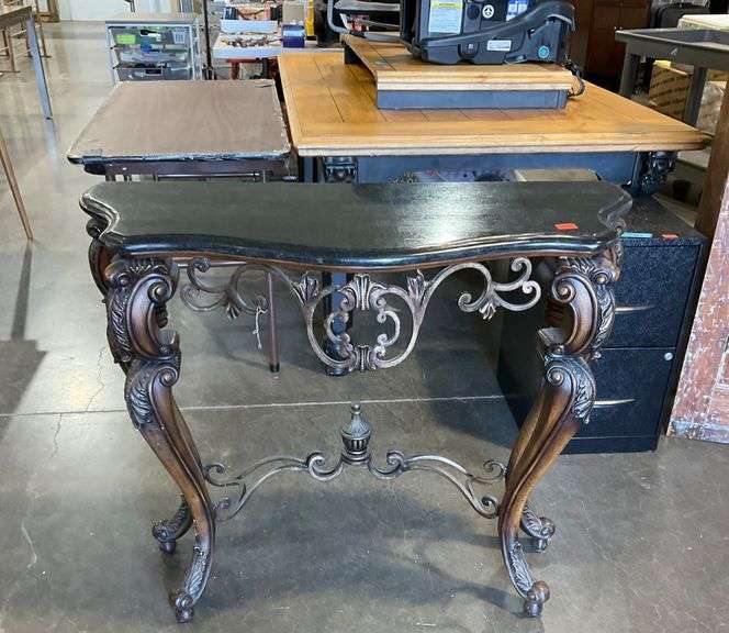 Scroll-Leg Console Table with Decorative Metal Accents, 34” Tall x 40 ...