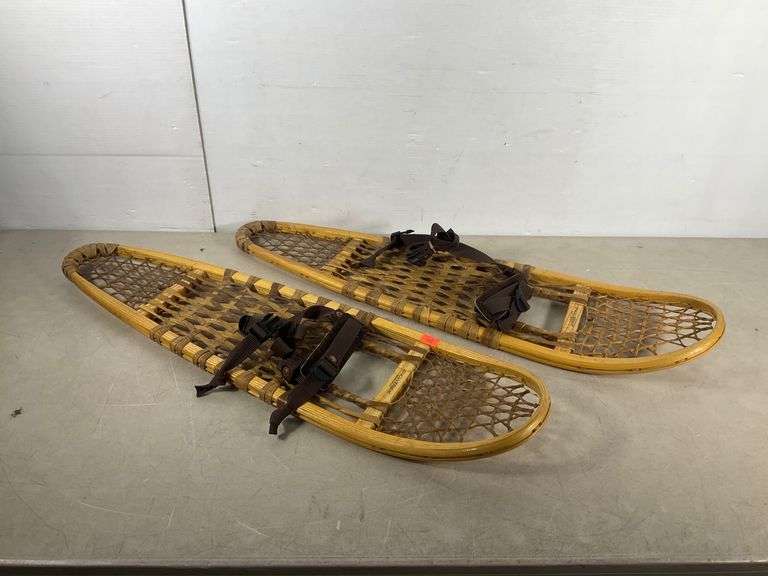 Pair of Snowtrek Snowshoes with Wood Frame and Rawhide Leather Webbing ...
