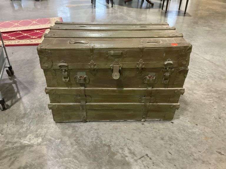 Green Storage Trunk with Hinged Lid and Metal Accents - Hash Auctions