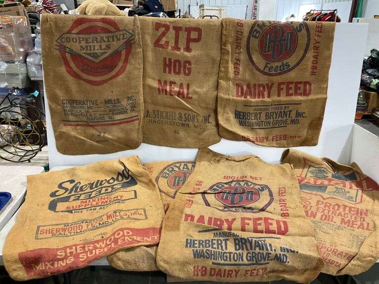 Collection of Vintage Burlap Feed Sacks with Advertising Graphics ...