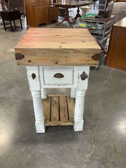 Butcher Block-Style Table with Distressed White Finish and Storage ...