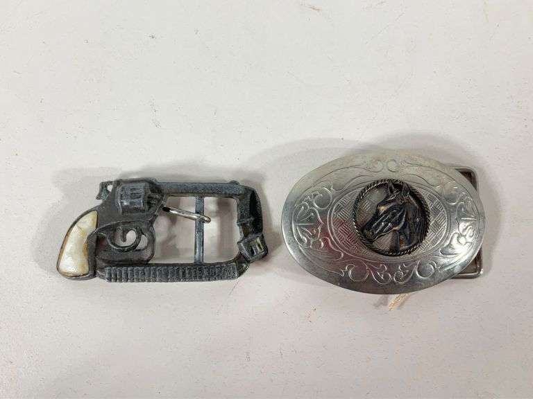 Two Belt Buckles Including Revolver-Shaped and Equestrian-Themed ...