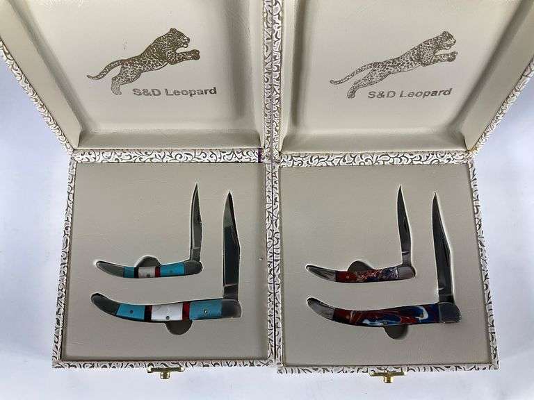 Set of Two S&D Leopard Boxed Folding Knife Sets with Decorative Handles ...
