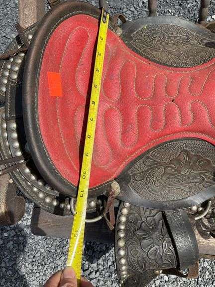 Tooled Leather Western Saddle With Red Padded Seat and Silver-Tone ...