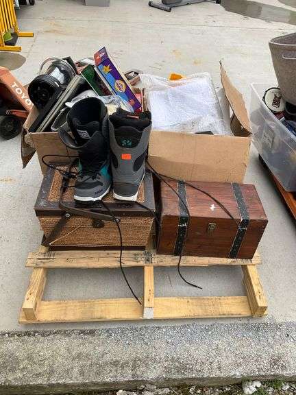 Mixed Pallet Lot with Boxes, Boots, Household Items, and Storage Chests ...