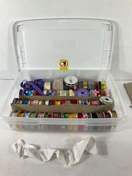 Collection of Assorted Craft Ribbons in Plastic Storage Box - Hash Auctions