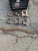 Lot of Clevises with Pins, Small Chains, and Plastic Crate - Hash Auctions