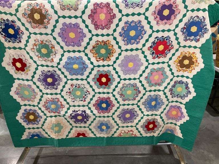 Handmade Hexagon Pattern Quilt with Floral Motifs, Green and Multicolor ...