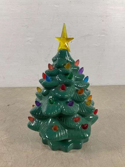 Green Ceramic Christmas Tree With Multicolored Bulbs and Yellow Star ...