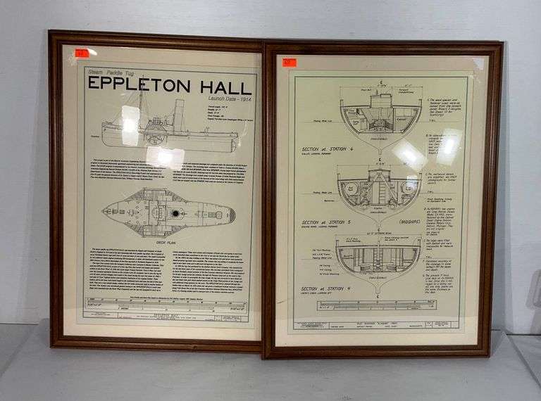 Framed Technical Drawings of the Eppleton Hall Paddle Tugboat, 22×30 - Hash Auctions
