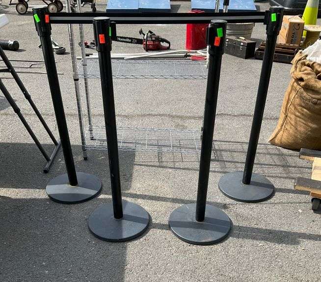 Set of Four Black Stanchions with Retractable Belts, 40”H - Hash Auctions