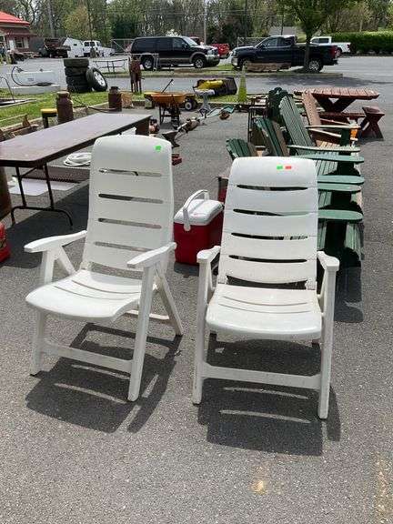 Set of Two White PVC Outdoor Chairs with Slatted Design - Hash Auctions