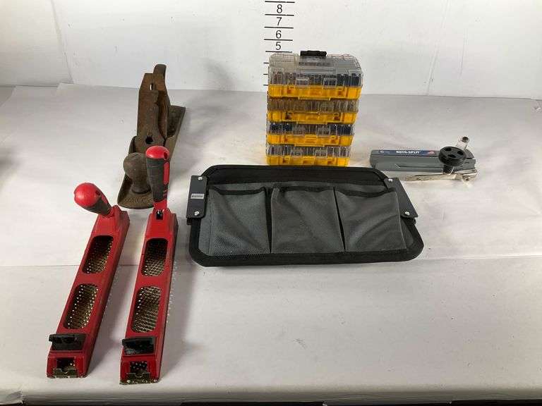 Assorted Tools Including Dewalt Storage Box, Stanley Plane, and Roto ...