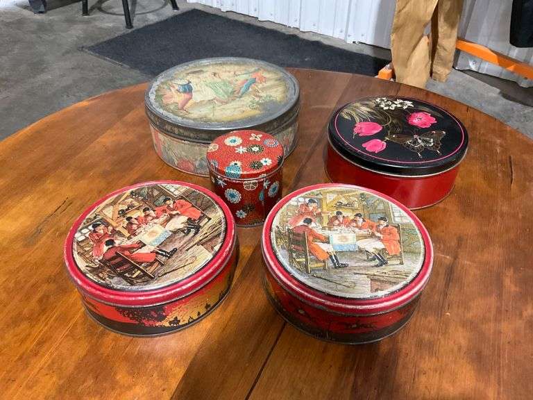 Collection of Five Decorative Metal Tins with Various Painted Scenes ...