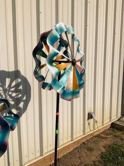 Set of Two Multicolored Metal Wind Spinners on Stakes - Hash Auctions