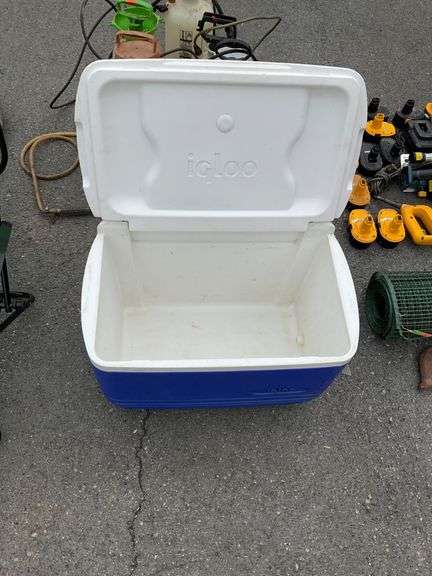 Blue and White Igloo Cooler with Hinged Lid and Molded Cup Holders ...
