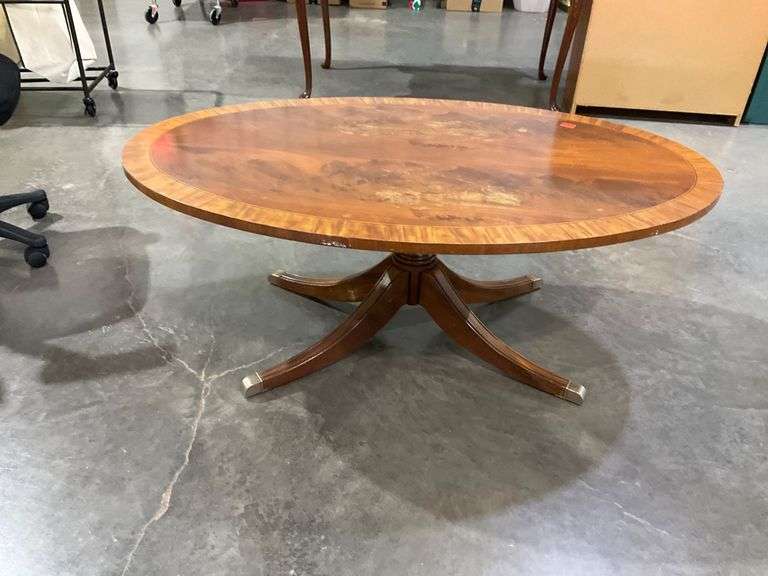 Oval Pedestal Coffee Table with Veneer Top and Metal-Capped Feet - Hash ...