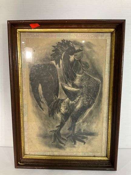 Framed Monochrome Illustration of a Rooster, 15×21, Artist Signed ...