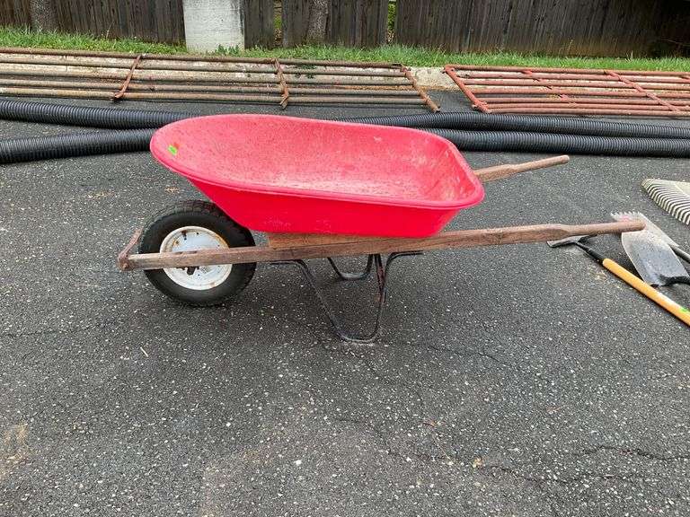 Red Plastic Hopper Wheelbarrow with Wooden Handles and Pneumatic Tire ...