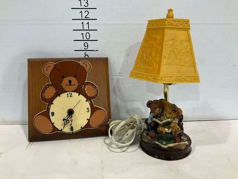 Teddy Bear-Themed Clock and Table Lamp With Yellow Shade - Hash Auctions