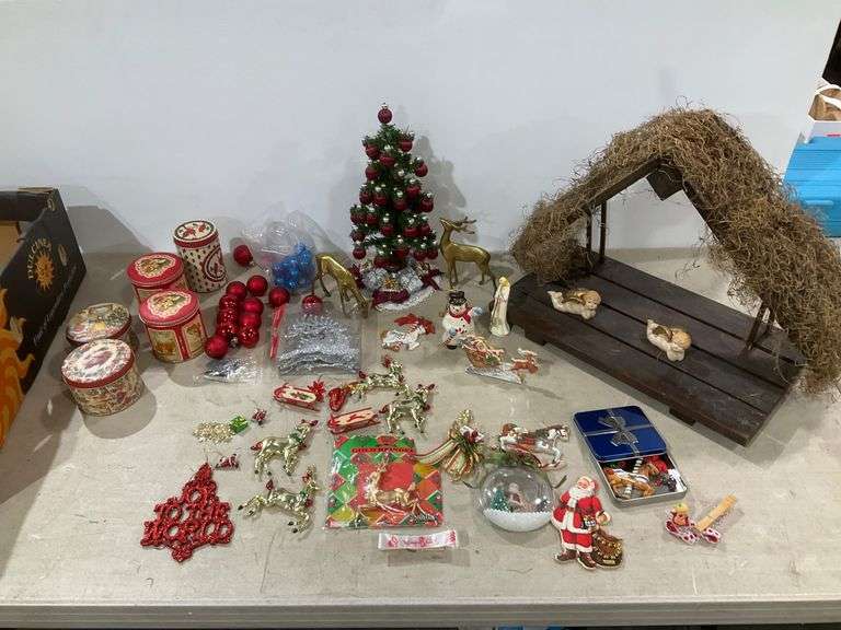 Assorted Christmas Decorations Including Tree, Figurines, Ornaments ...