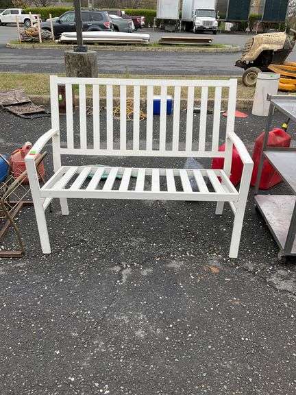 White Metal Slat-Back Bench with Armrests, 42-Inch Seat - Hash Auctions