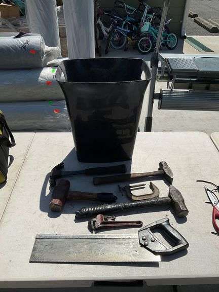 Assorted Hand Tools with Bucket, Including Hammers, Saw, and Wrench ...