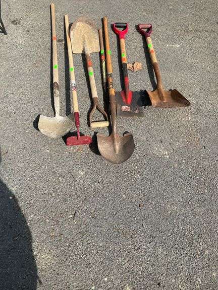 Collection of Long Handle Tools Including Shovels and Scoops - Hash ...