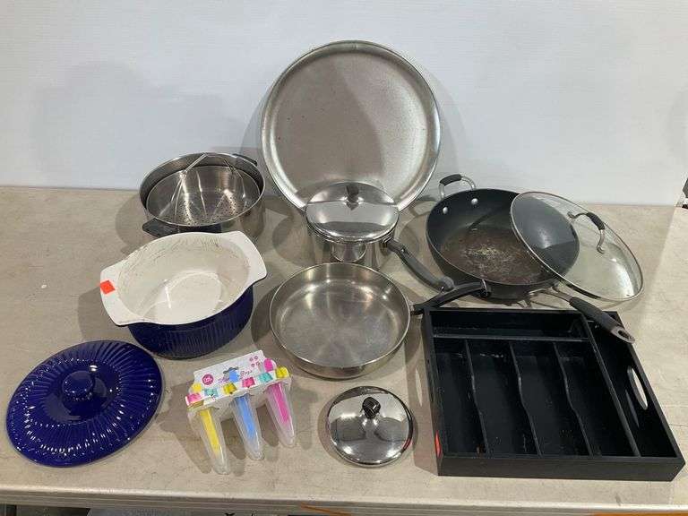Assorted Cookware and Kitchen Items Including Pans, Ceramic Dish, Tray, and Popsicle Molds ...