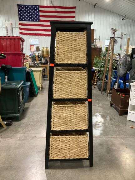 Four-Tier Black Ladder Shelf with Woven Storage Baskets - Hash Auctions