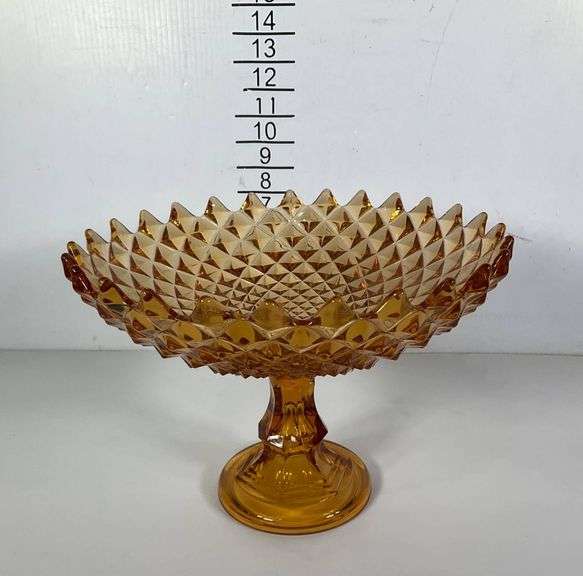Amber-Colored Pressed Glass Pedestal Compote with Diamond Pattern ...