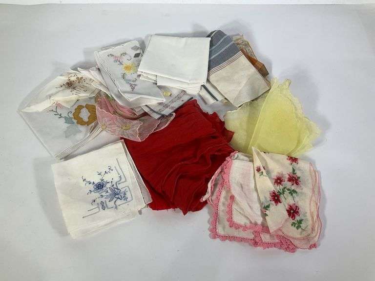 Assortment of Embroidered and Plain Textile Handkerchiefs - Hash Auctions