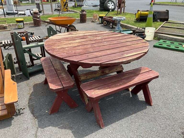 Round Wooden Outdoor Table with Two Matching Benches - Hash Auctions