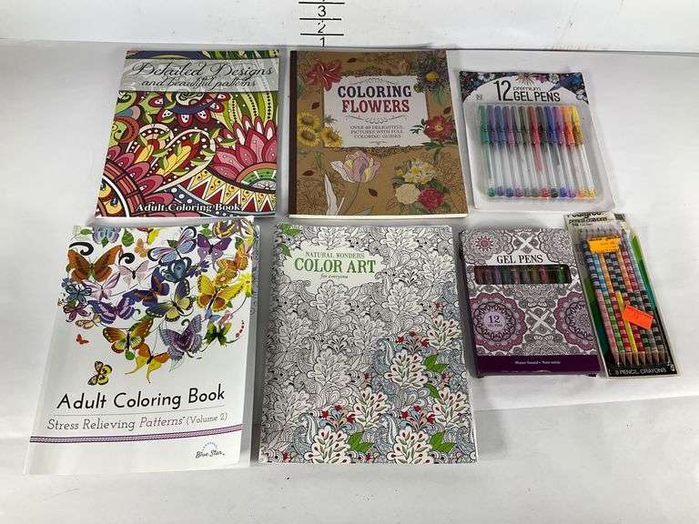 Lot of Adult Coloring Books and Assorted Coloring Supplies - Hash Auctions