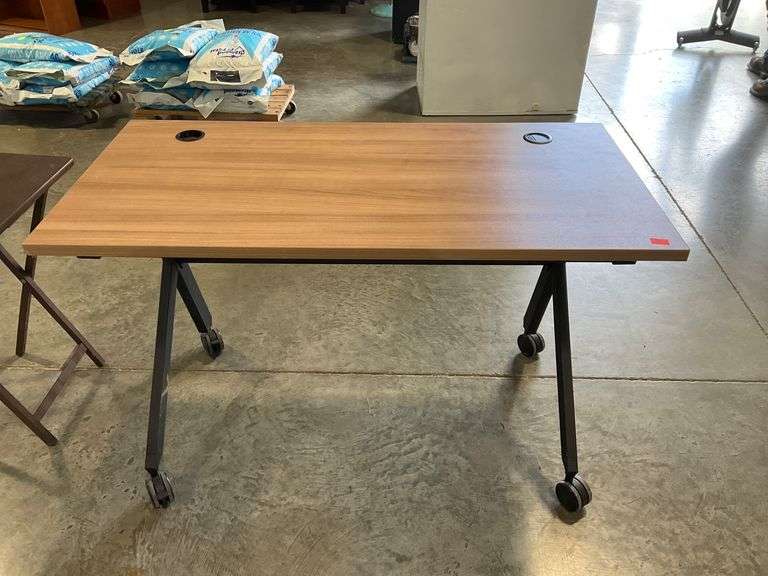 48″ Wide Folding Drafting style Table on Casters with Light Brown Top and Black Aluminum Frame ...