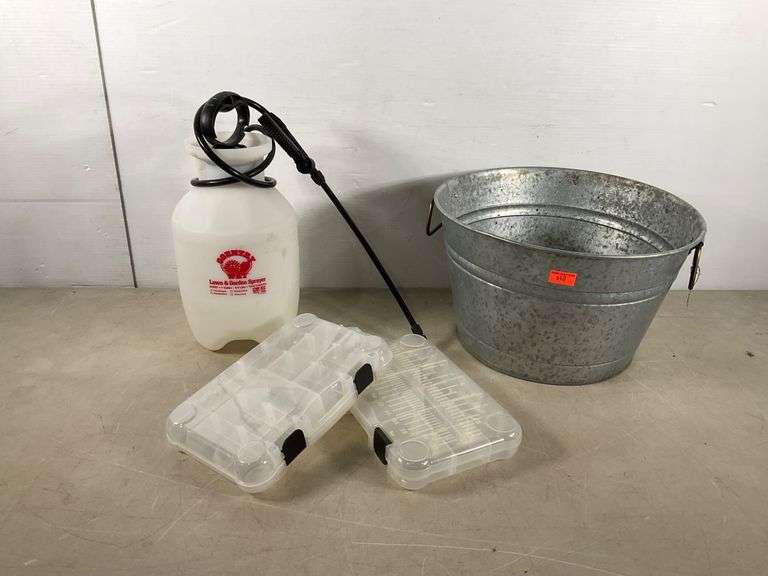Metal Bucket, Plastic Pump Sprayer, and Two Clear Plastic Storage Boxes ...