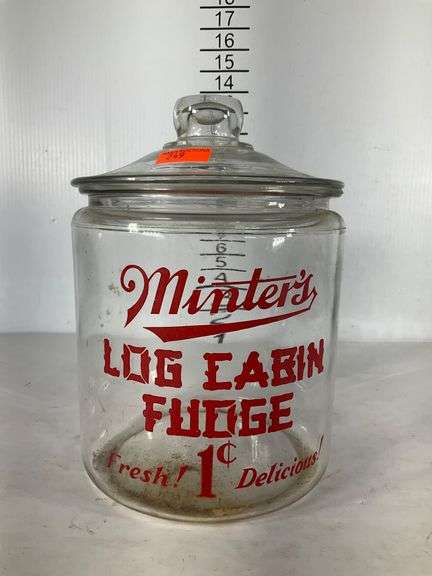 Clear Glass Jar with Lid and Red ‘Log Cabin Fudge’ Advertising - Hash ...