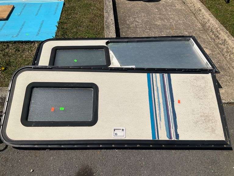 Set of Two RV Doors with Windows and Blue Stripe Design - Hash Auctions