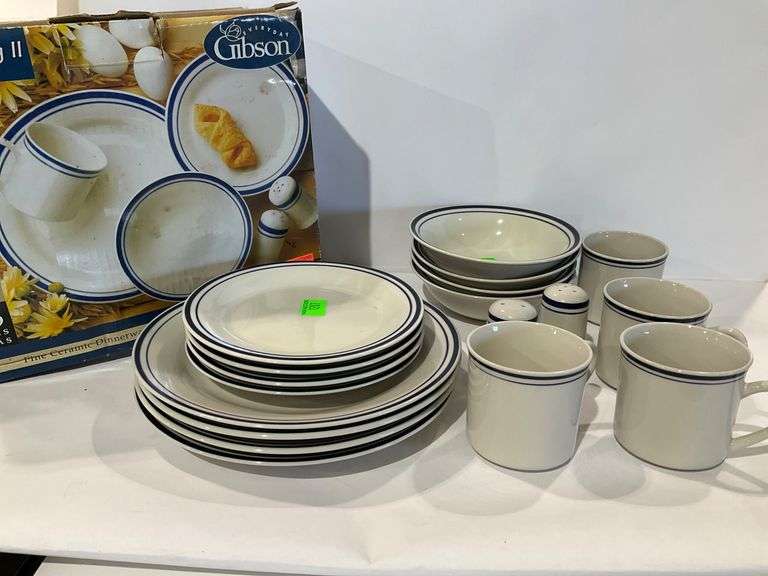 Gibson 18-Piece Ceramic Dinnerware Set with Blue Band Design - Hash ...
