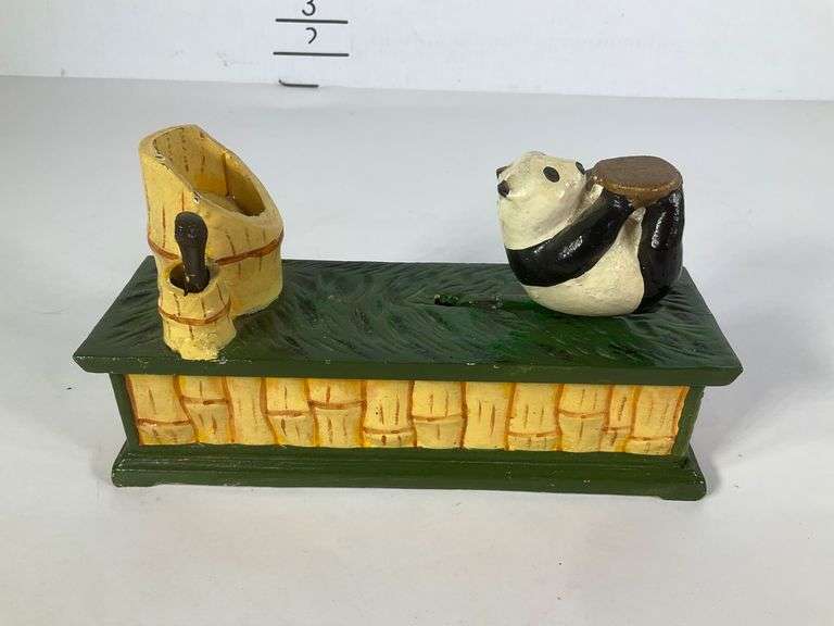 Cast Iron Panda and Barrel Mechanical Bank by Bits & Pieces - Hash Auctions