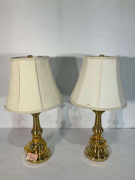 Pair of Stiffel Brass Table Lamps with Fabric Shades, Very Heavy - Hash ...