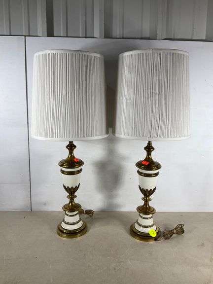 Pair of 34-Inch Table Lamps with Brass and White Accents - Hash Auctions