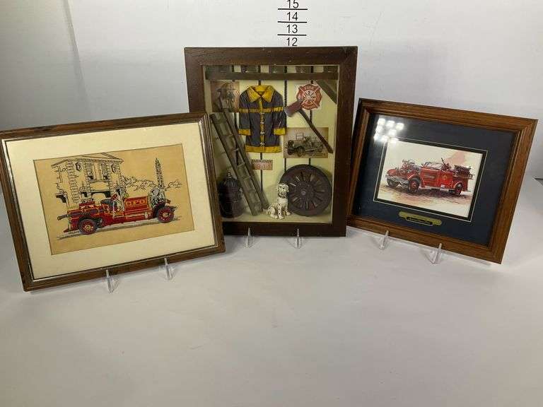 Collection of Framed Fire Truck Art Prints and Firefighting Shadow Box ...